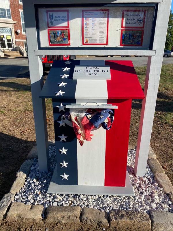 Scout installs new flag retirement box at Town Hall | Dartmouth